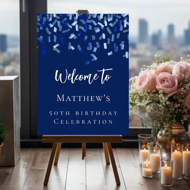 Birthday party navy blue welcome foam board | Zazzle