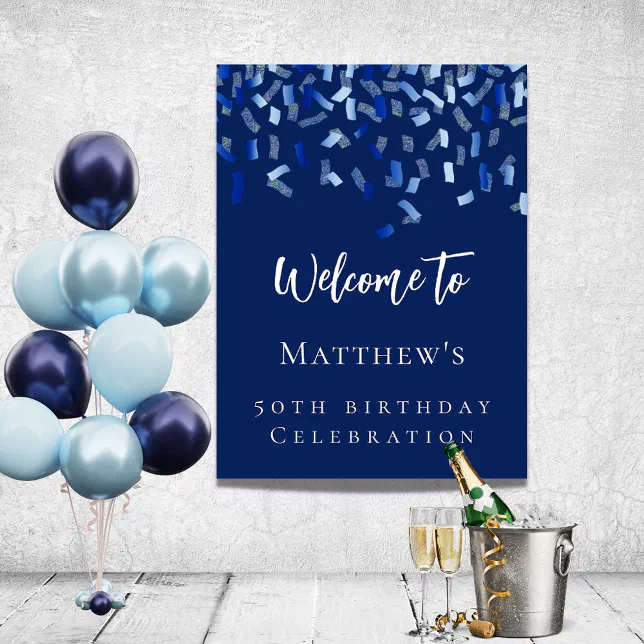 Birthday party navy blue welcome poster | Zazzle