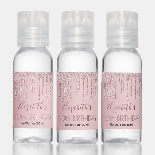 Birthday party night blush pink glitter monogram hand sanitizer ...