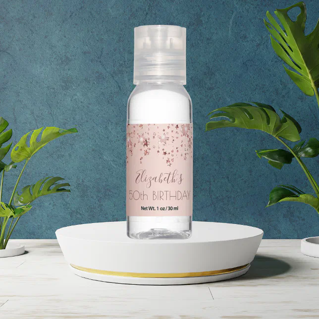 Birthday party night rose gold stars monogram hand sanitizer | Zazzle