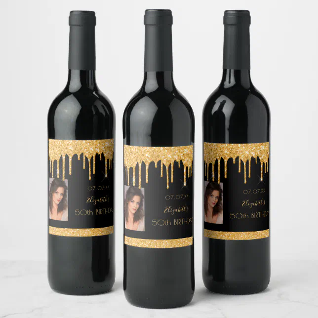 Birthday party photo black gold glitter glam wine label | Zazzle