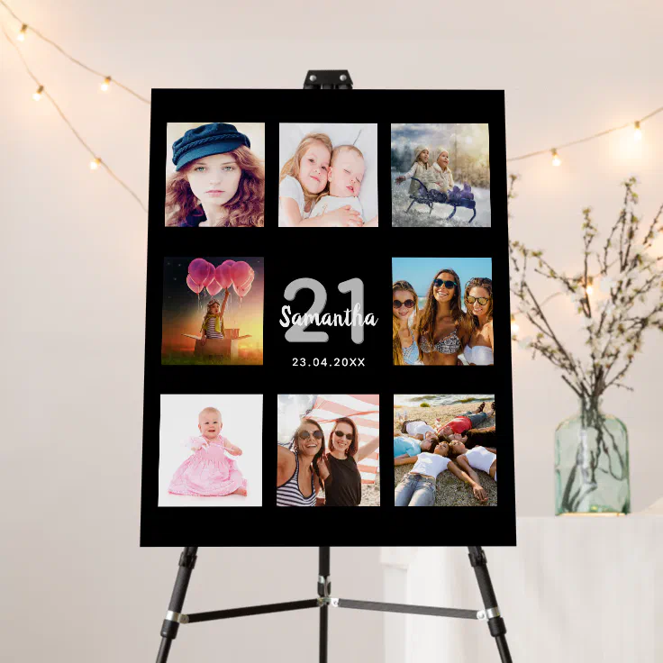 Birthday party photo collage black foam board | Zazzle