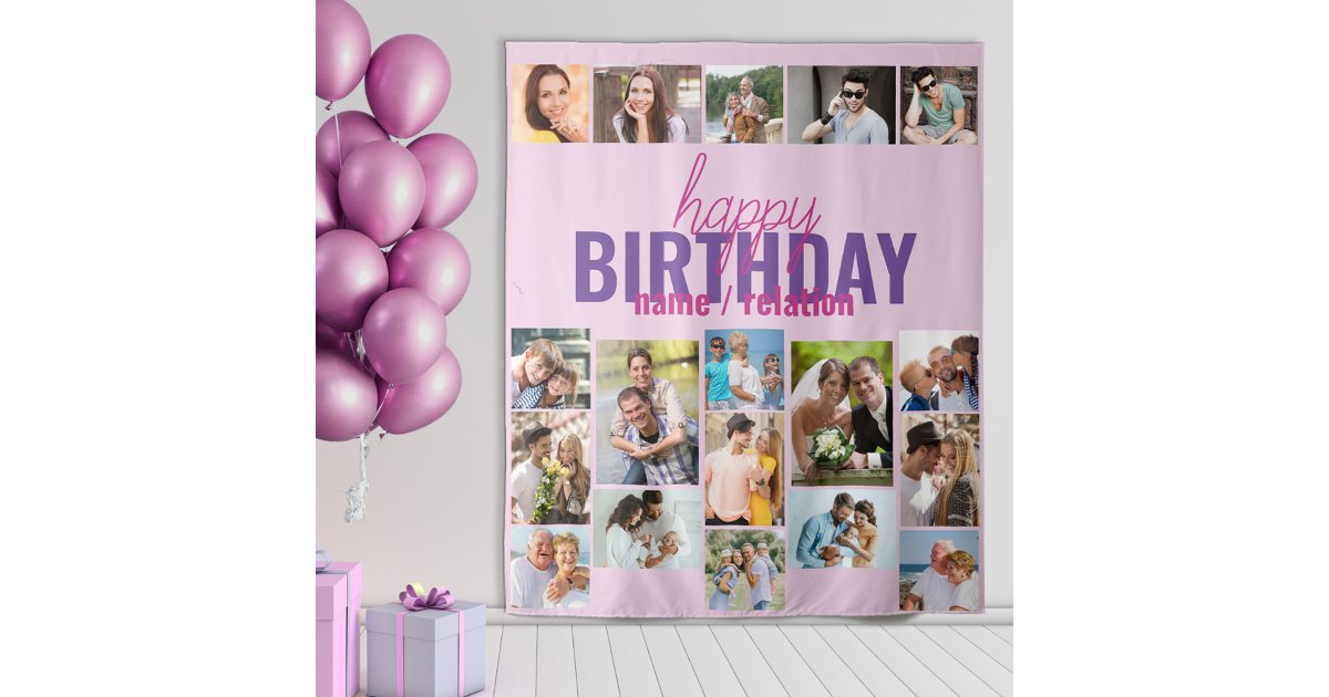 Birthday Party Photo Collage Pink Custom Backdrop | Zazzle