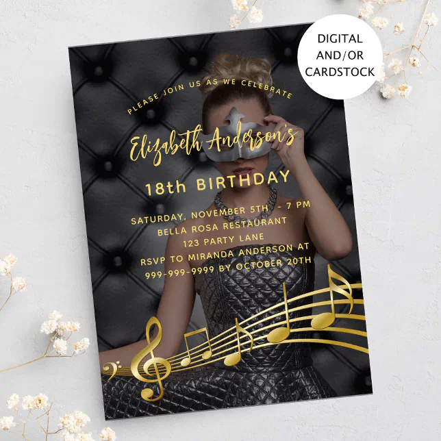 Birthday party photo gold music notes invitation | Zazzle