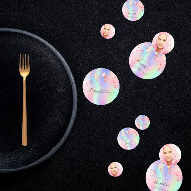 Birthday party photo rainbow holographic stars confetti | Zazzle