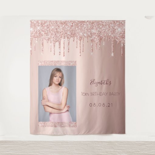 Birthday party photo rose gold glitter drips tapestry | Zazzle