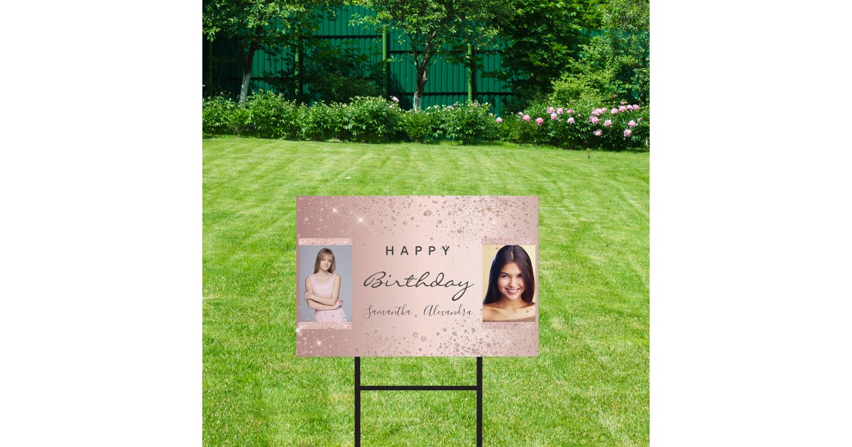 Birthday party photo rose gold glitter friends sign | Zazzle