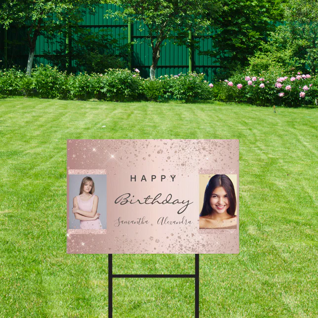 Birthday party photo rose gold glitter friends sign | Zazzle