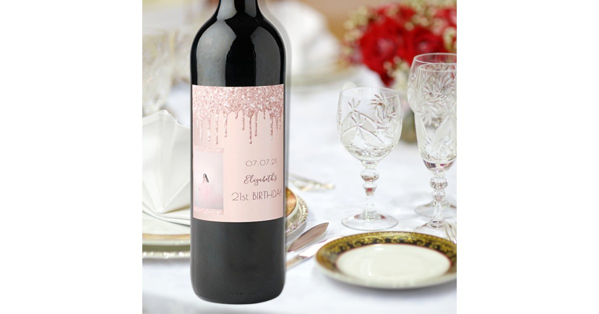 Birthday party photo rose gold pink wine label | Zazzle