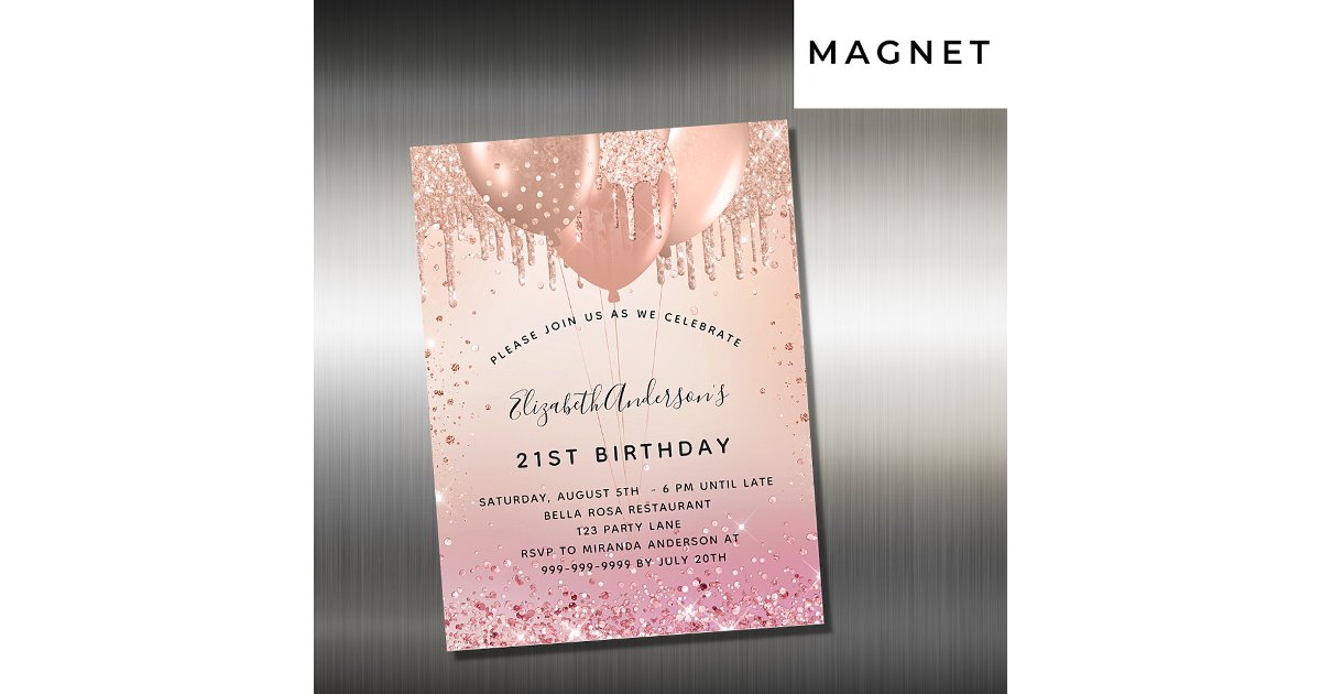 Birthday party pink rose gold invitation magnet | Zazzle