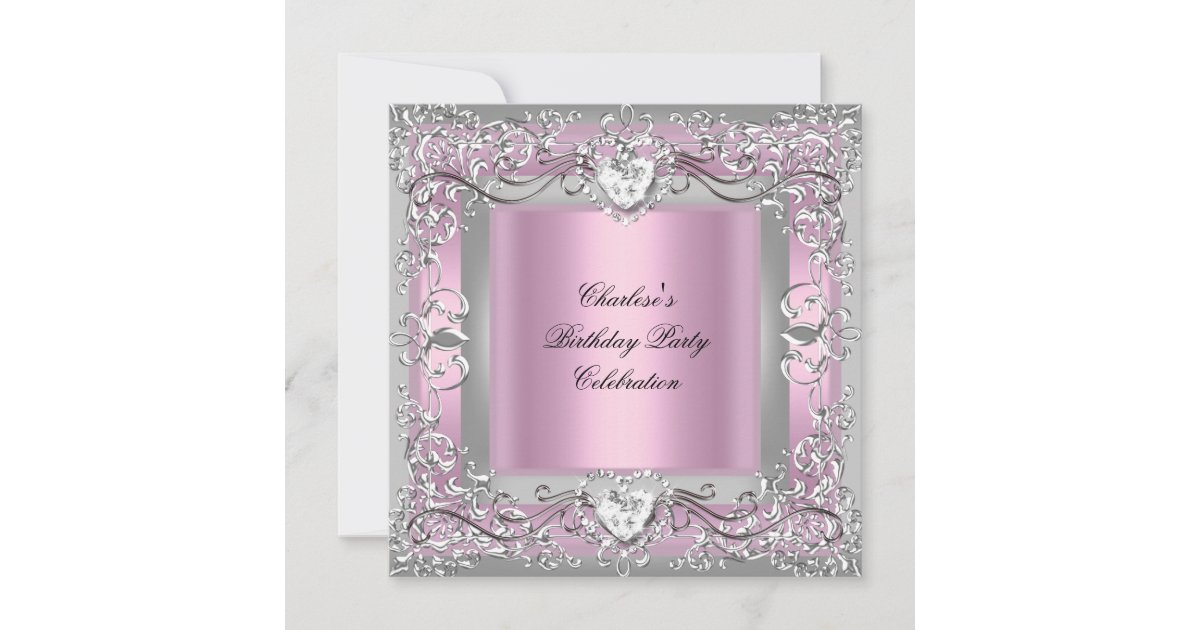 Birthday Party Pink Silver Diamond Invitation | Zazzle