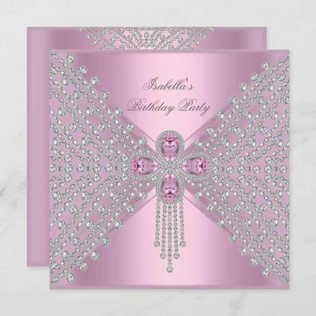 Birthday Party Pink Silver White Diamond Invitation | Zazzle