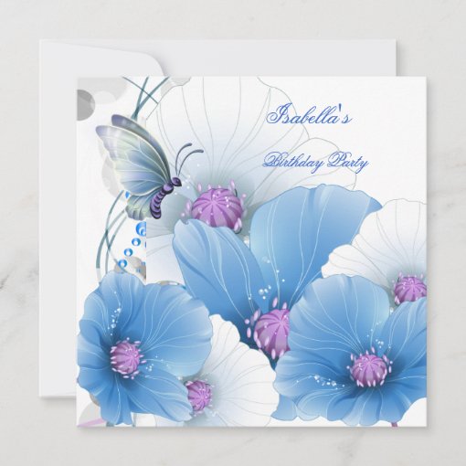 Birthday Party Pretty Floral Blue White Butterfly Invitation | Zazzle