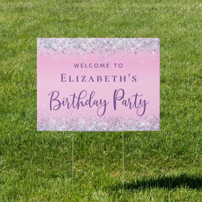 Birthday Party Purple Glitter Confetti Welcome Sign | Zazzle