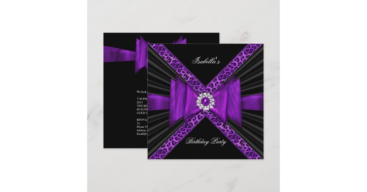 Birthday Party Purple Leopard Black Diamond Bow Invitation | Zazzle