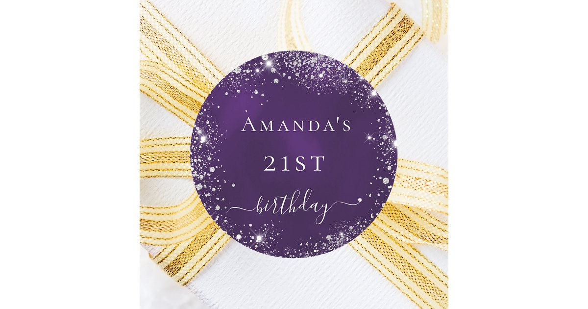 Birthday party purple silver glitter name classic round sticker | Zazzle
