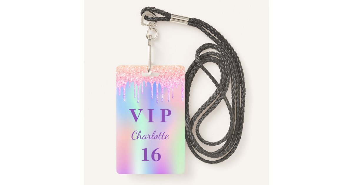 Birthday party rainbow glitter name VIP invitation Badge | Zazzle.com