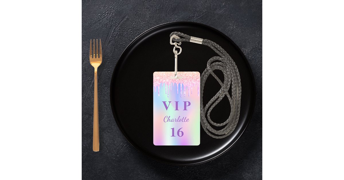 Birthday party rainbow glitter name VIP invitation Badge | Zazzle