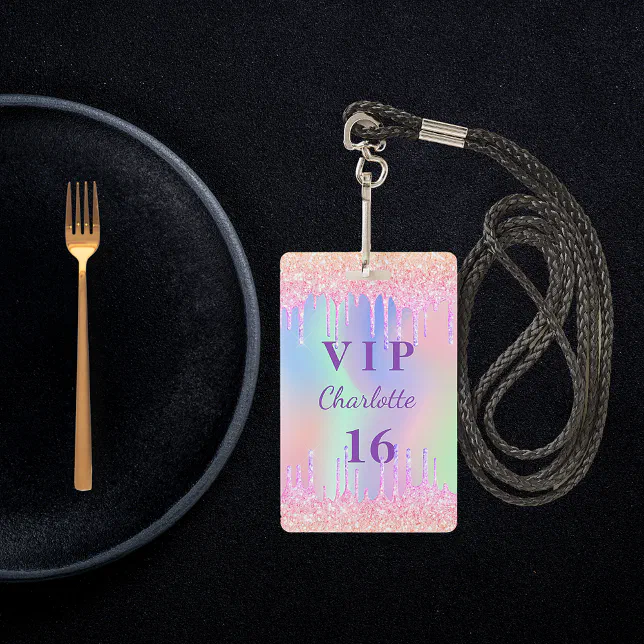 Birthday party rainbow glitter name VIP invitation Badge | Zazzle