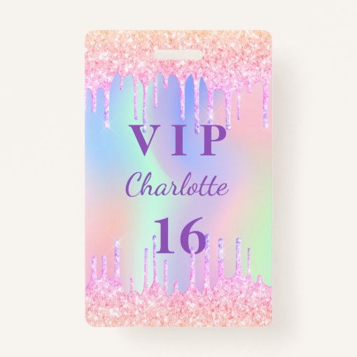 Birthday party rainbow glitter name VIP invitation Badge | Zazzle