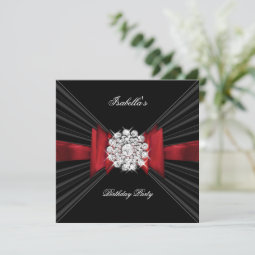 Birthday Party Red Black Diamond Red Bow Invitation | Zazzle