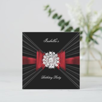 Birthday Party Red Black Diamond Red Bow Invitation | Zazzle