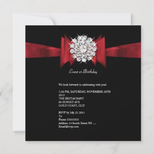 Birthday Party Red Black Diamond Red Bow Invitation | Zazzle