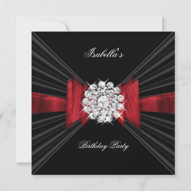 Birthday Party Red Black Diamond Red Bow Invitation | Zazzle