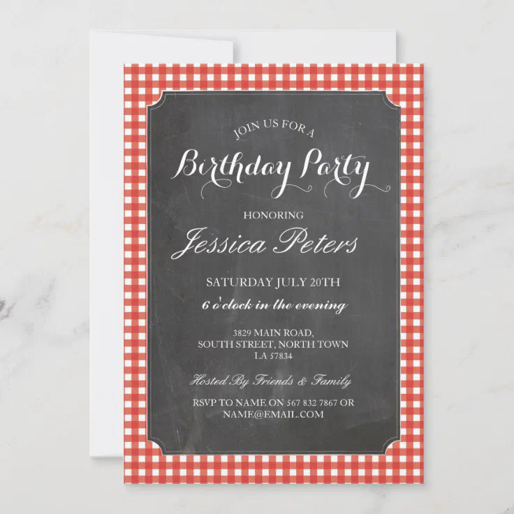 Birthday Party Red Check Rustic Chalk Invitation | Zazzle