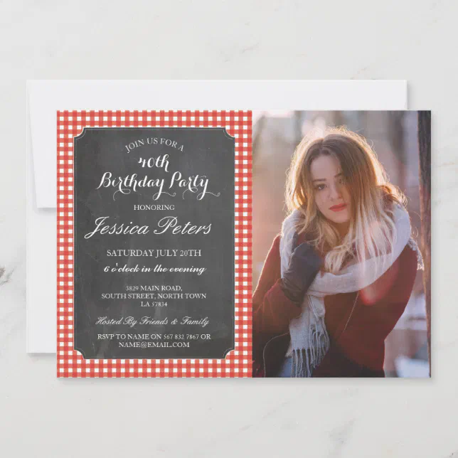 Birthday Party Red Check Rustic Chalk Photo Invitation | Zazzle