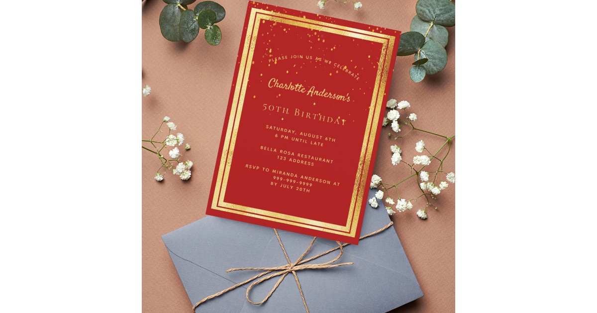 Birthday party red gold confetti sprinkle invitation | Zazzle
