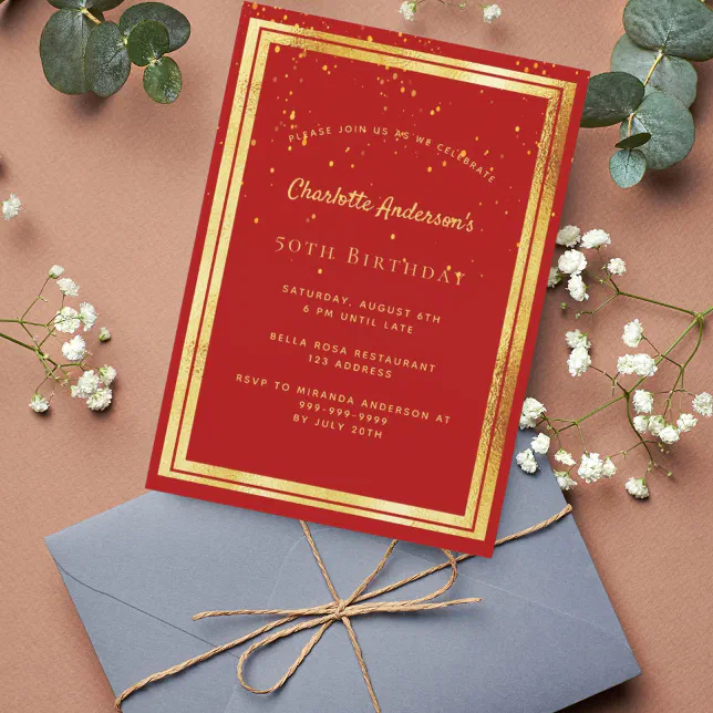 Birthday party red gold confetti sprinkle invitation | Zazzle