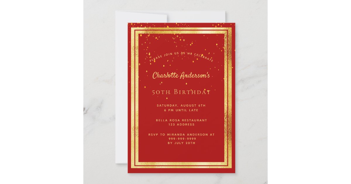 Birthday party red gold confetti sprinkle invitation | Zazzle