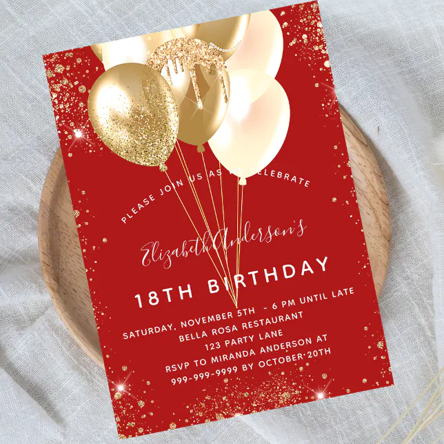Birthday party red gold glitter balloons invitation postcard | Zazzle