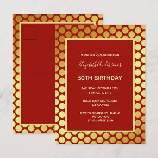 Birthday party red gold invitation postcard | Zazzle