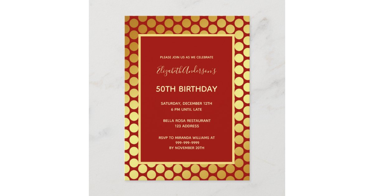 Birthday party red gold invitation postcard | Zazzle