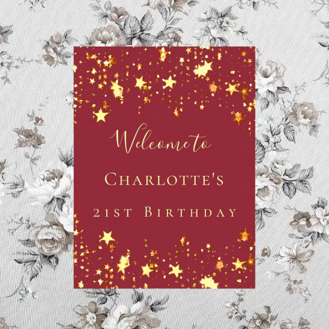 Birthday party red gold stars welcome poster | Zazzle