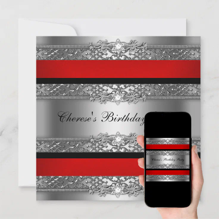 Birthday Party Red Silver Black Diamond Invitation | Zazzle