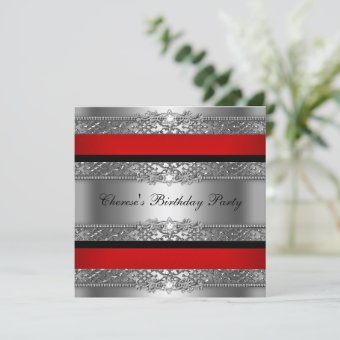 Birthday Party Red Silver Black Diamond Invitation | Zazzle
