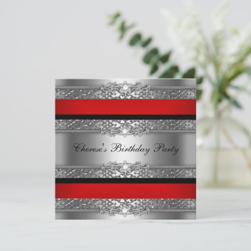 Birthday Party Red Silver Black Diamond Invitation | Zazzle