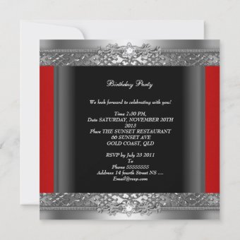 Birthday Party Red Silver Black Diamond Invitation | Zazzle