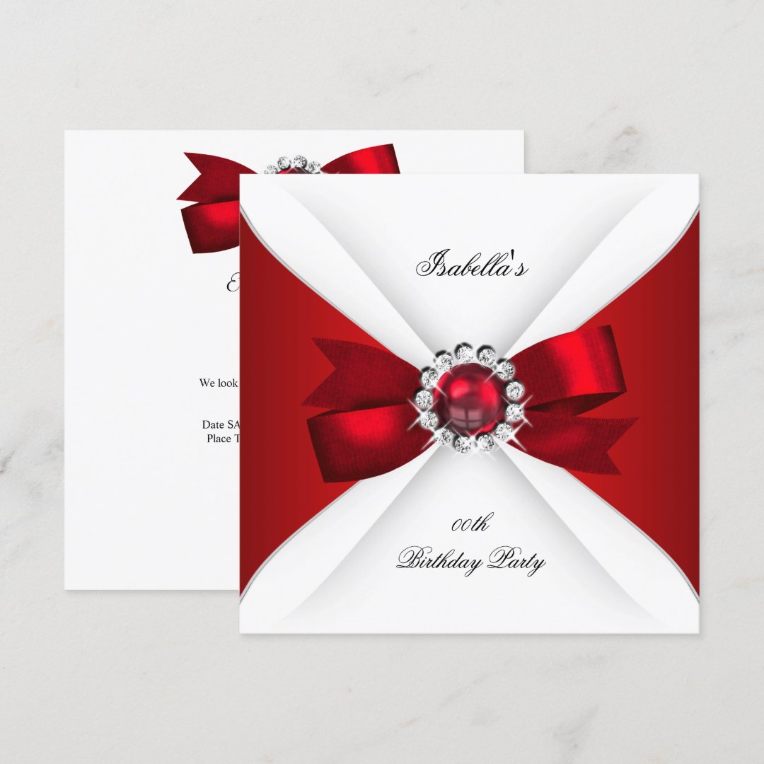 Birthday Party Red White Diamond Red Bow 2 Invitation | Zazzle
