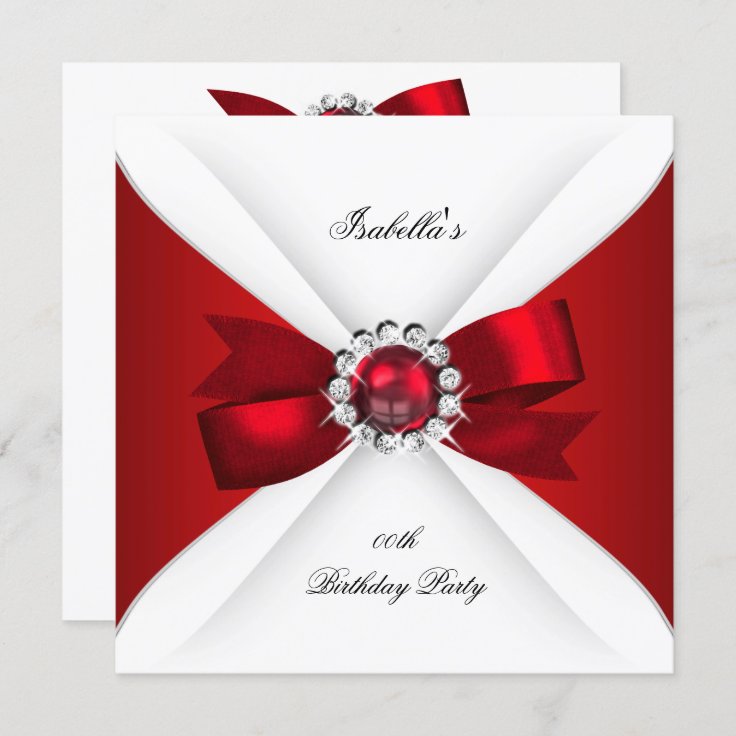 Birthday Party Red White Diamond Red Bow 2 Invitation | Zazzle