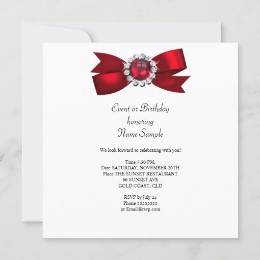 Birthday Party Red White Diamond Red Bow 2 Invitation | Zazzle