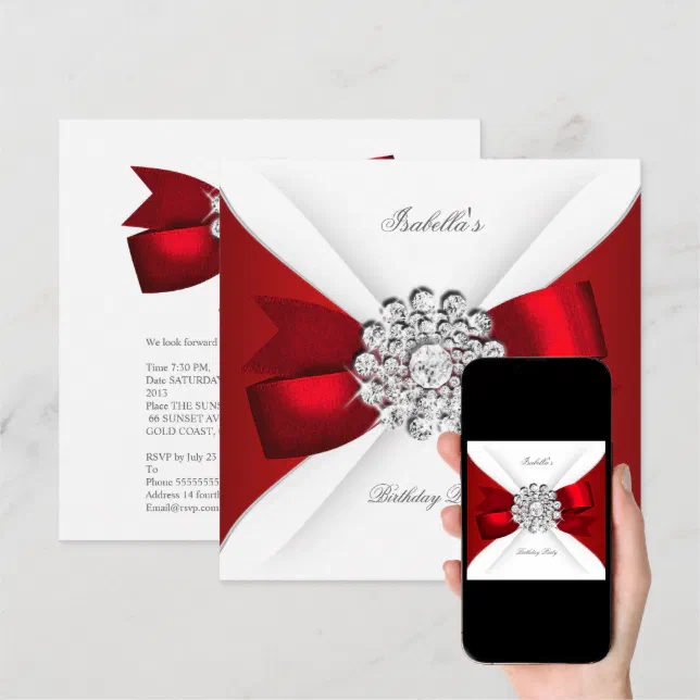 Birthday Party Red White Diamond Red Bow Invitation | Zazzle