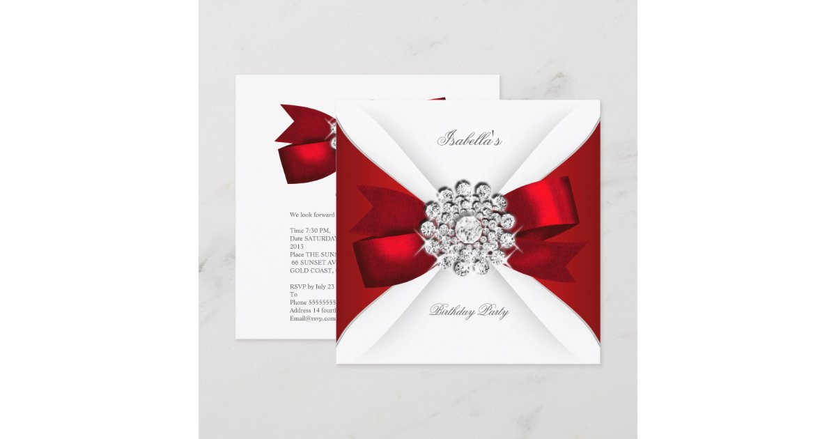 Birthday Party Red White Diamond Red Bow Invitation | Zazzle