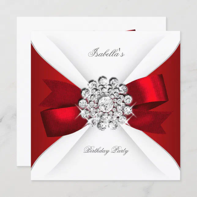 Birthday Party Red White Diamond Red Bow Invitation | Zazzle