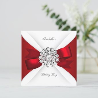Birthday Party Red White Diamond Red Bow Invitation | Zazzle