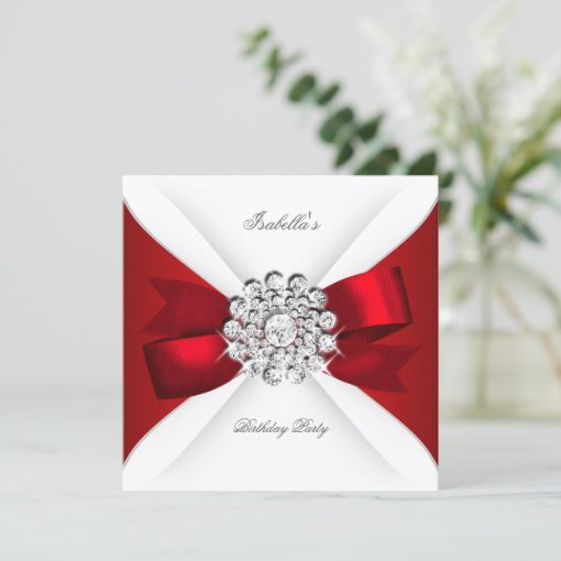Birthday Party Red White Diamond Red Bow Invitation | Zazzle