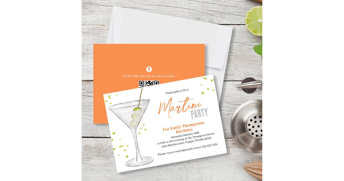 Birthday Party Retro Cool Watercolor Martini Drink Invitation | Zazzle